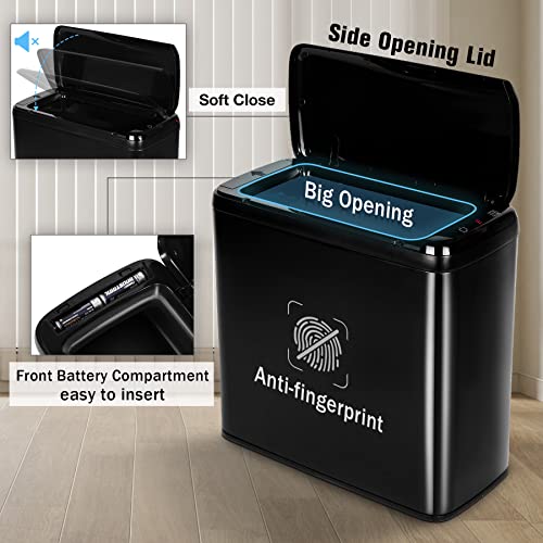 TrashAid Touchless Motion Sensor Trash Can with Lid, 2.4 Gallon Bathroom Stainless Steel Slim Trash Bin Automatic, Small Office Garbage Can Black Wastebasket for Toilet, rv, livingroom, 9 Liter