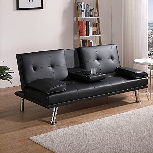 Ucloveria Modern Faux Leather, Multifunctional Sofa Bed, Convertible Folding Recliner Lounge Futon Couch for Living Room with 2 Cup Holders with Armrest(Black)