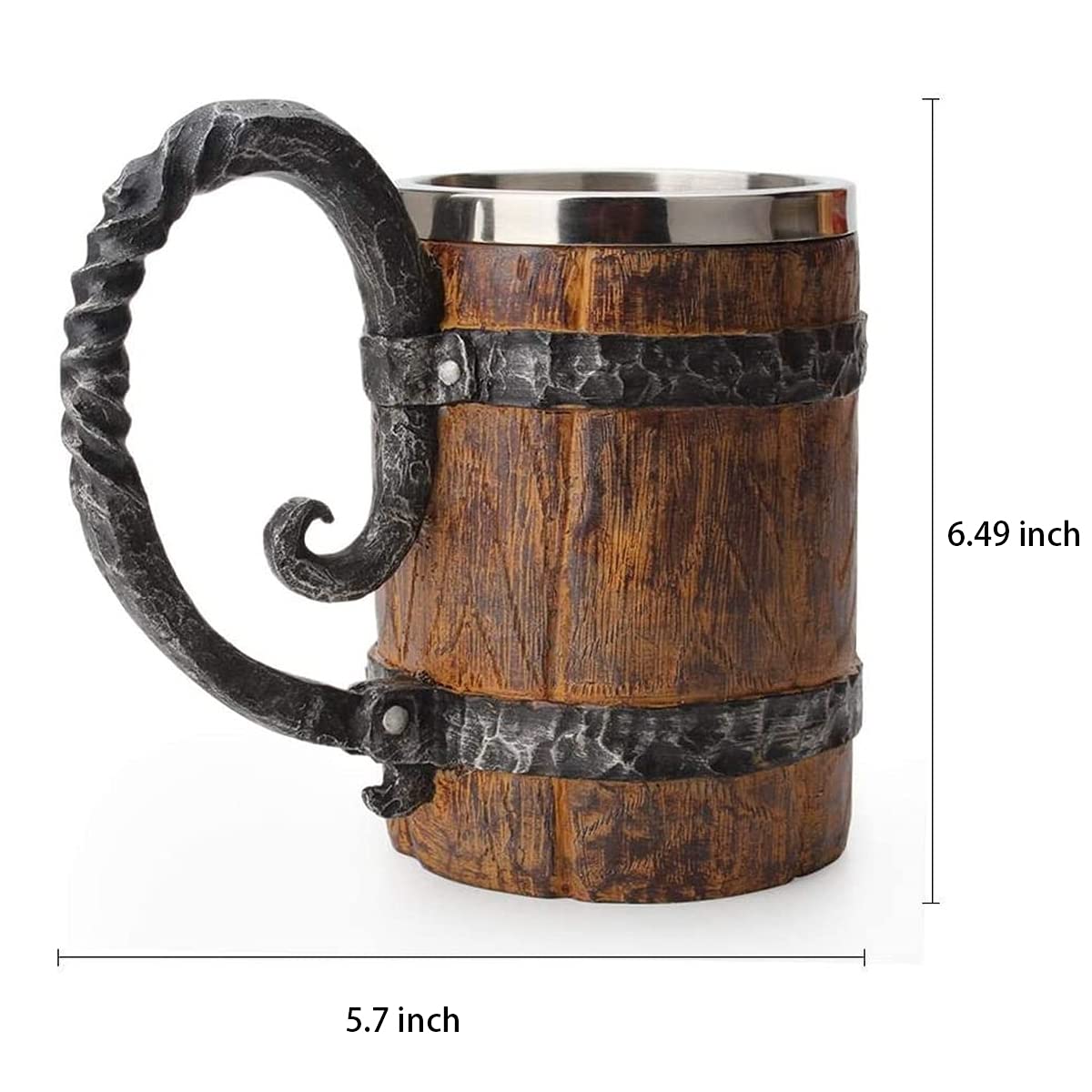 Kndatle Handmade Wooden Barrel Beer Mug, Bucket Shaped Drinkware with Handle, Stainless Steel Double Wall Cocktail Mug for Bar Restaurant, Vintage Bar Accessories (18 oz)