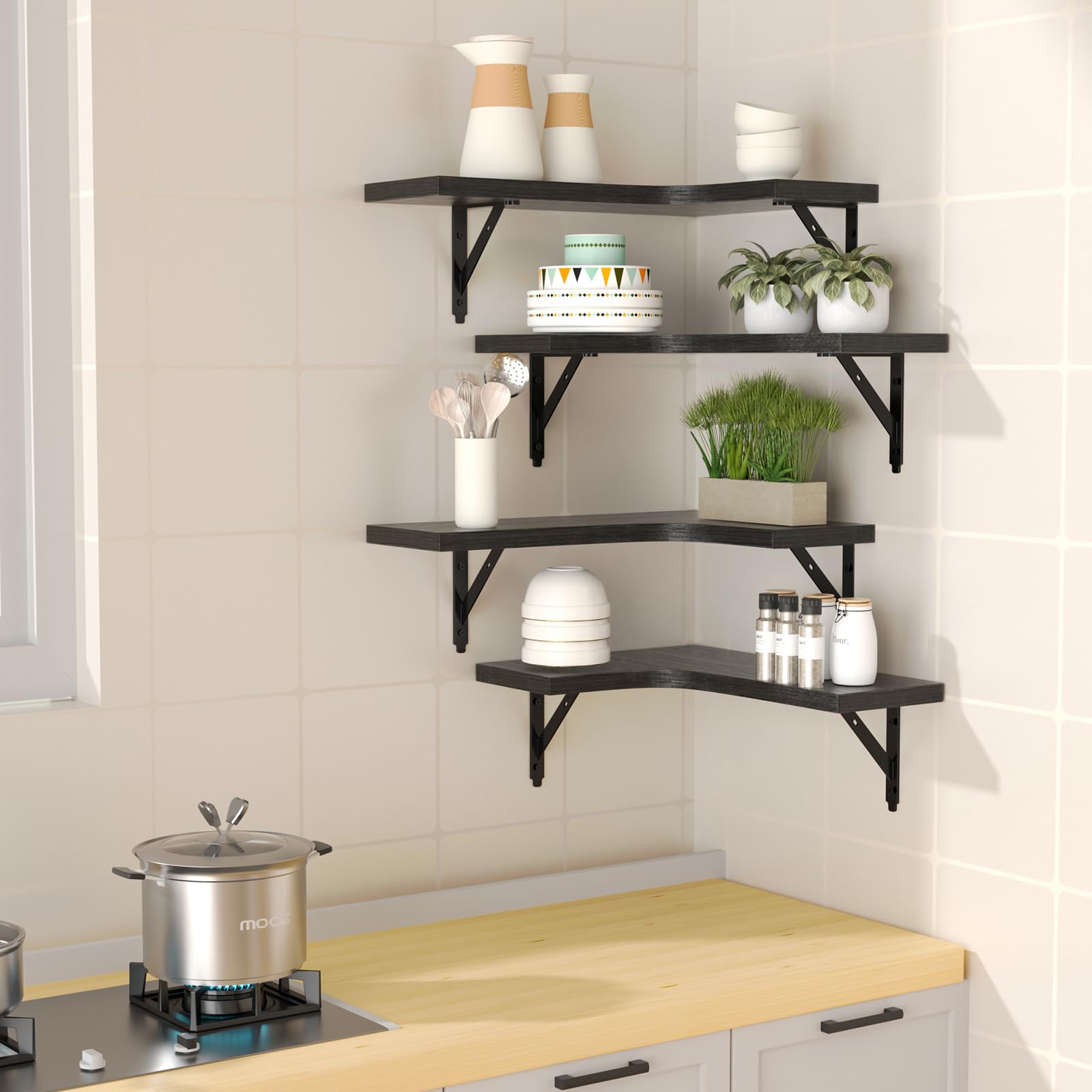 ROMGUAR CRAFT Corner Floating Shelves Wall Mounted Set of 4, Rustic Wood Storage Display Wall Shelves for Home Decor, Bathroom, Kitchen, Bedroom, Living Room, Office (Brown)