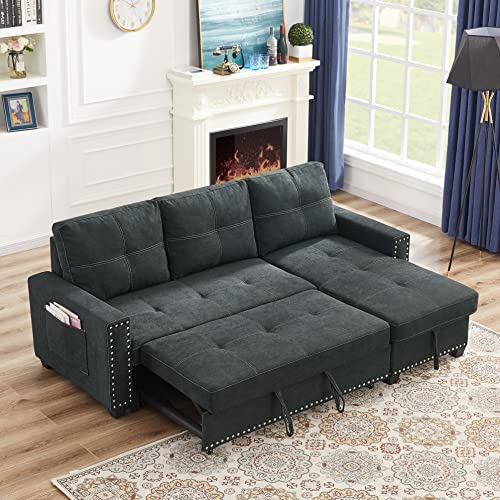 Ucloveria Reversible Sectional Sofa Couch, Sleeper Sofa Bed with Storage Chaise Pull Out Couch Bed for Living Room L-Shape Lounge 2 in 1 Sectional Couch with Pull Out Bed Black