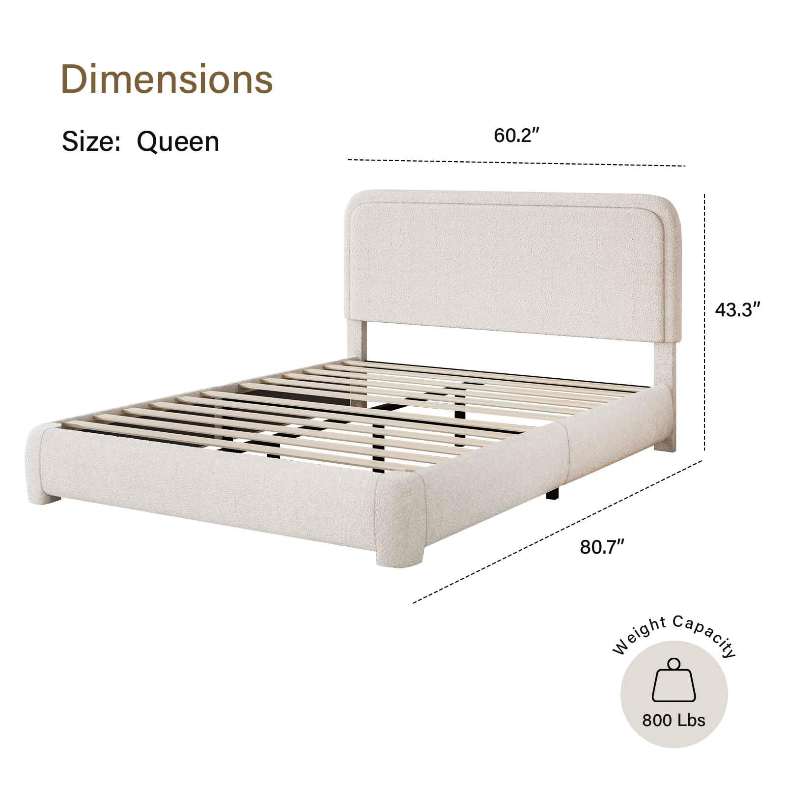 Queen Size Boucle Bed Frame with Headboard, Upholstered Platform Bed with Wood Slats, Soft Rounded Corners, No Box Spring Required, Easy Assembly, Cream