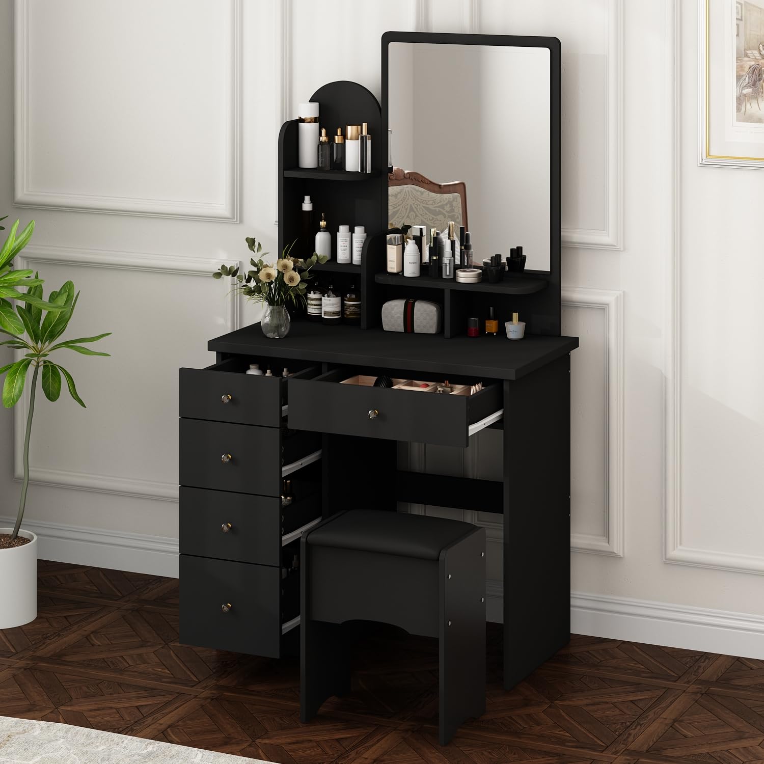 ROMSHINE Small Vanity Desk with Mirror, Makeup Vanity with Shelves & 4 Drawers, Vanity Table Set for Bedroom, Sliding Mirror, Cushioned Stool, Space-Saving, White&Grey, 35.2”W x 15.7”D x 52.4”H
