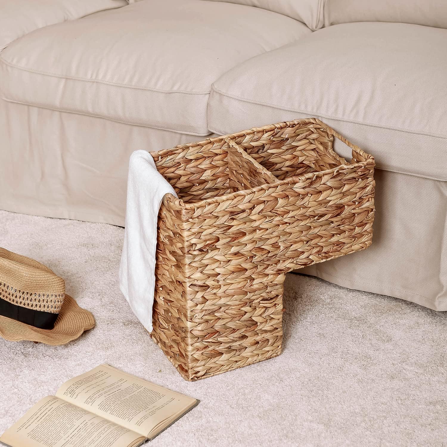 Synovana Stair Basket Water Hyacinth Storage Basket Handwoven Wicker Storage Basket Rattan Storage Organizer for Bedroom Living Room Laundry Room
