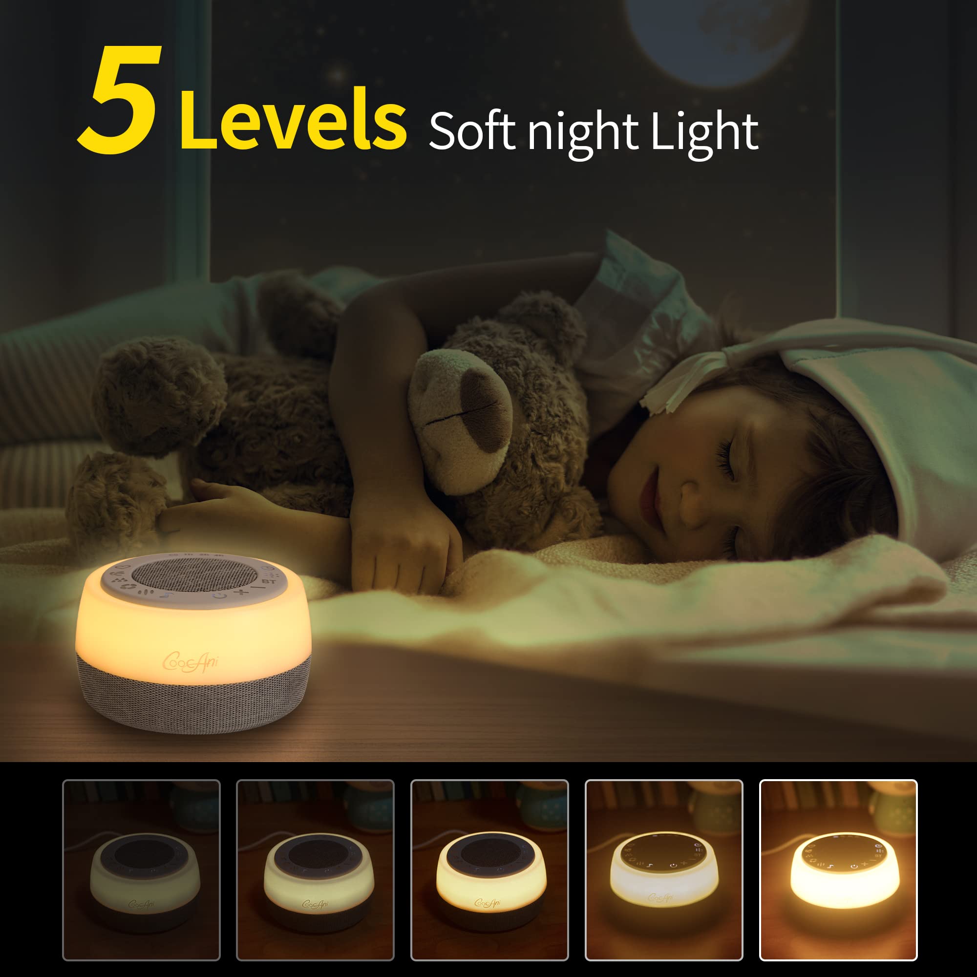 Sound Machine & Night Light & Bluetooth Speaker 3-in-1,CoocAni Rechargeable White Noise Machine with 24 Soothing Sound and Memory Function, Timer for Baby Kids Adults