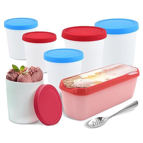 VEENE Ice Cream Containers-Ice Cream Containers For Homemade Ice Cream (7Pcs) And A Spoon-Reusable Ice Cream Containers With Lids-Creami Pint Containers-Ice Cream Storage Containers For Freezer