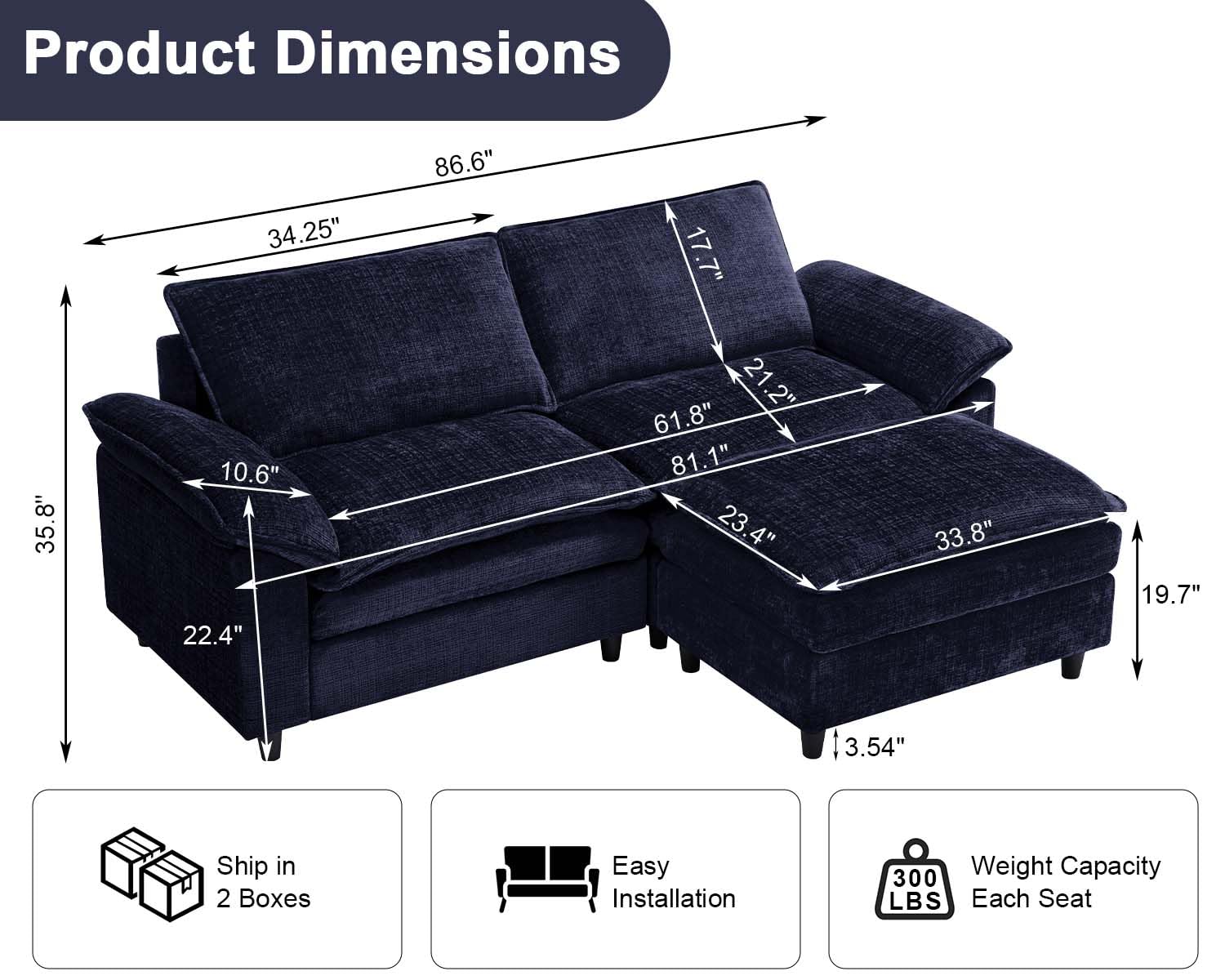 Suheww Cloud Sofa sectional Modular Loveseat Sofa couches, 86.6" Modern 2-Seat Convertible Loveseat Sofa with Ottoman, Comfy L-Shaped Extra Deep Seat Sofa Couch for Living Room Apartment(Blue