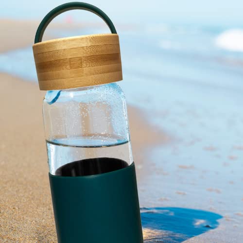 tanjoon 20 oz Borosilicate Glass Water Bottle with Leak-Proof Bamboo Lid and Silicone Handle and Protective Sleeve (TEAL) - BPA Free - Easy to Carry - Dishwasher Safe