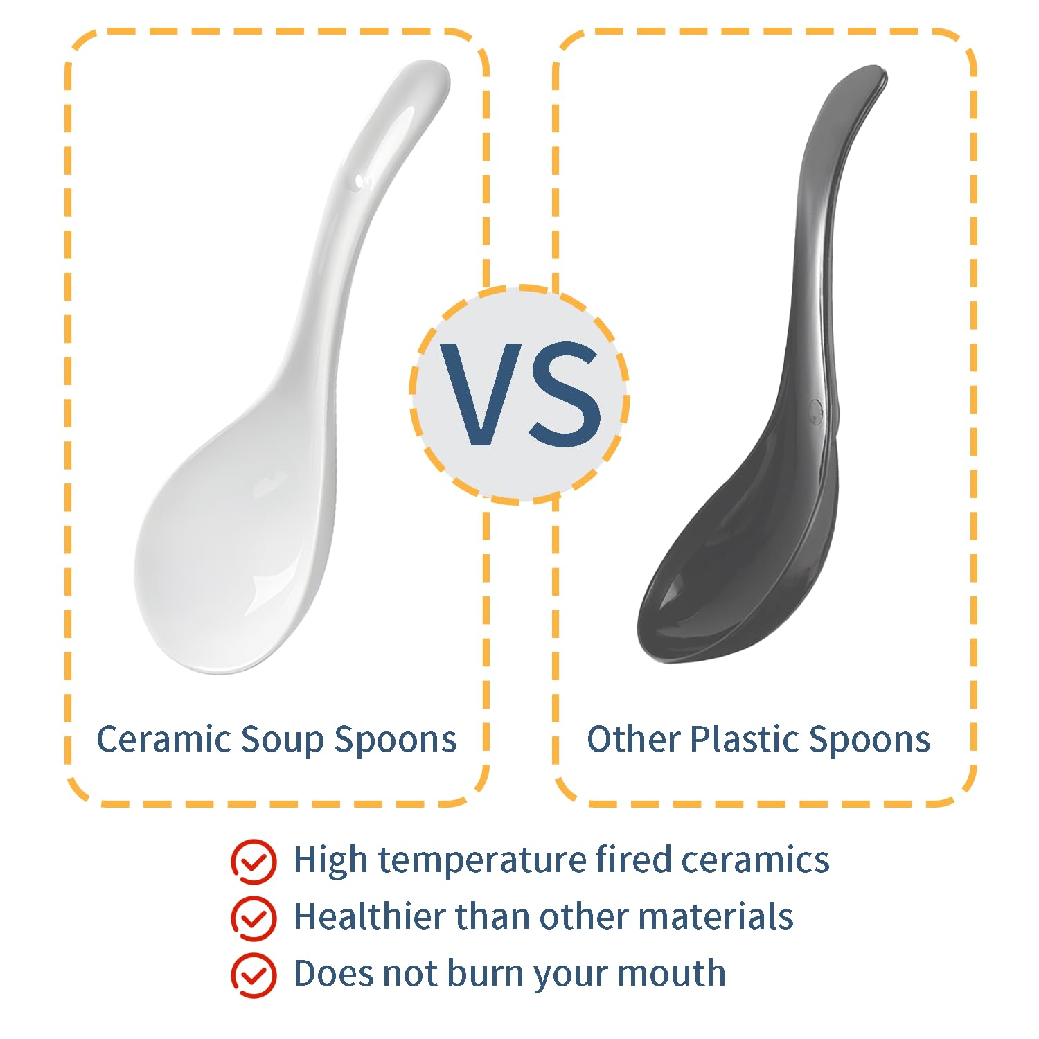 Soup Spoons, Asian Soup Spoons, Chinese Soup Spoons, Ceramic Spoons White Japanese Spoon Large for Dumpling Wonton Ramen Pho Miso, Deep Oval Hook Design, Set of 6