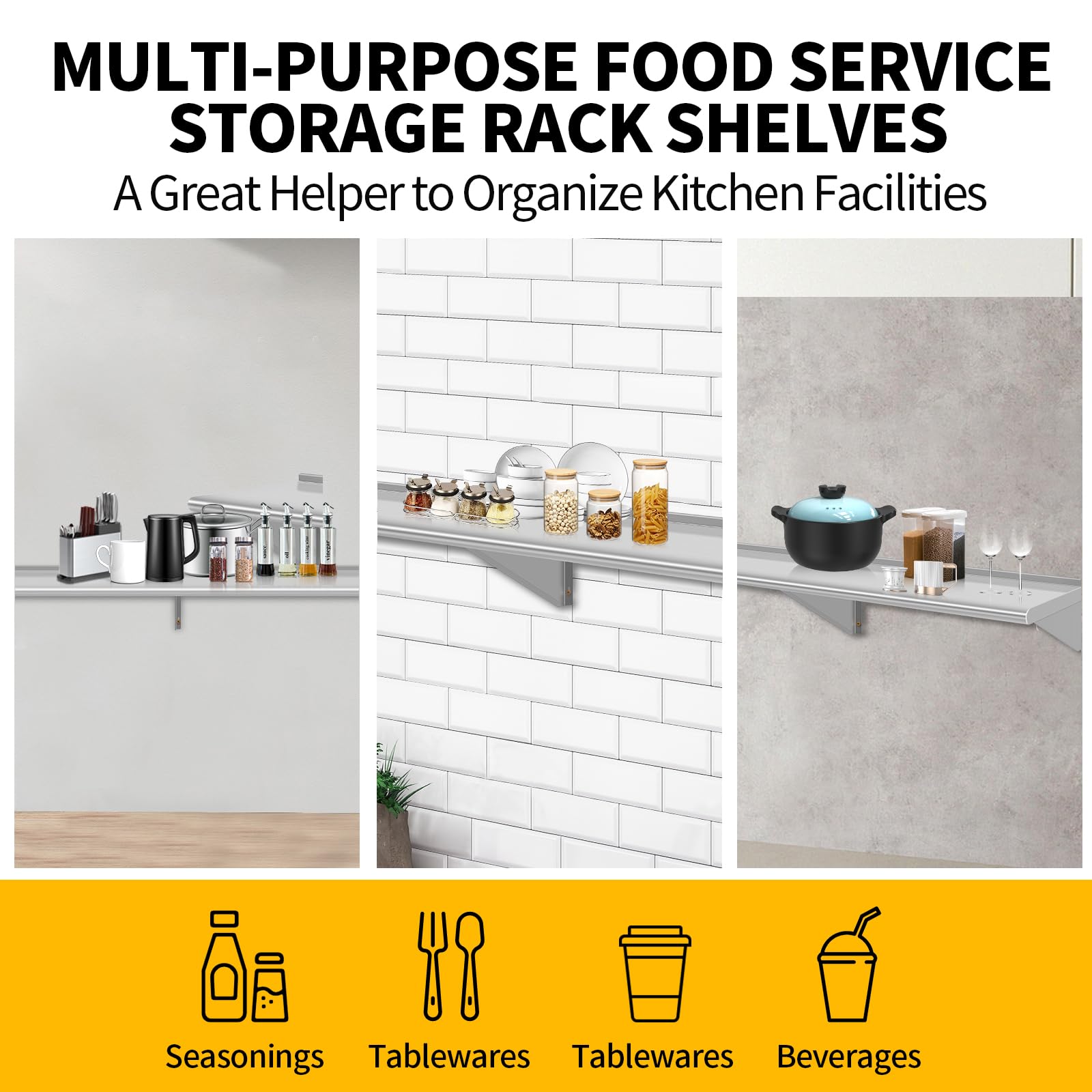 RAILEN Stainless Steel Wall Mounted Shelves, Floating Shelving with Brackets, Commercial Shelf Perfect for Restaurant Kitchen Bar Home and Hotel (12" D x 48" W)