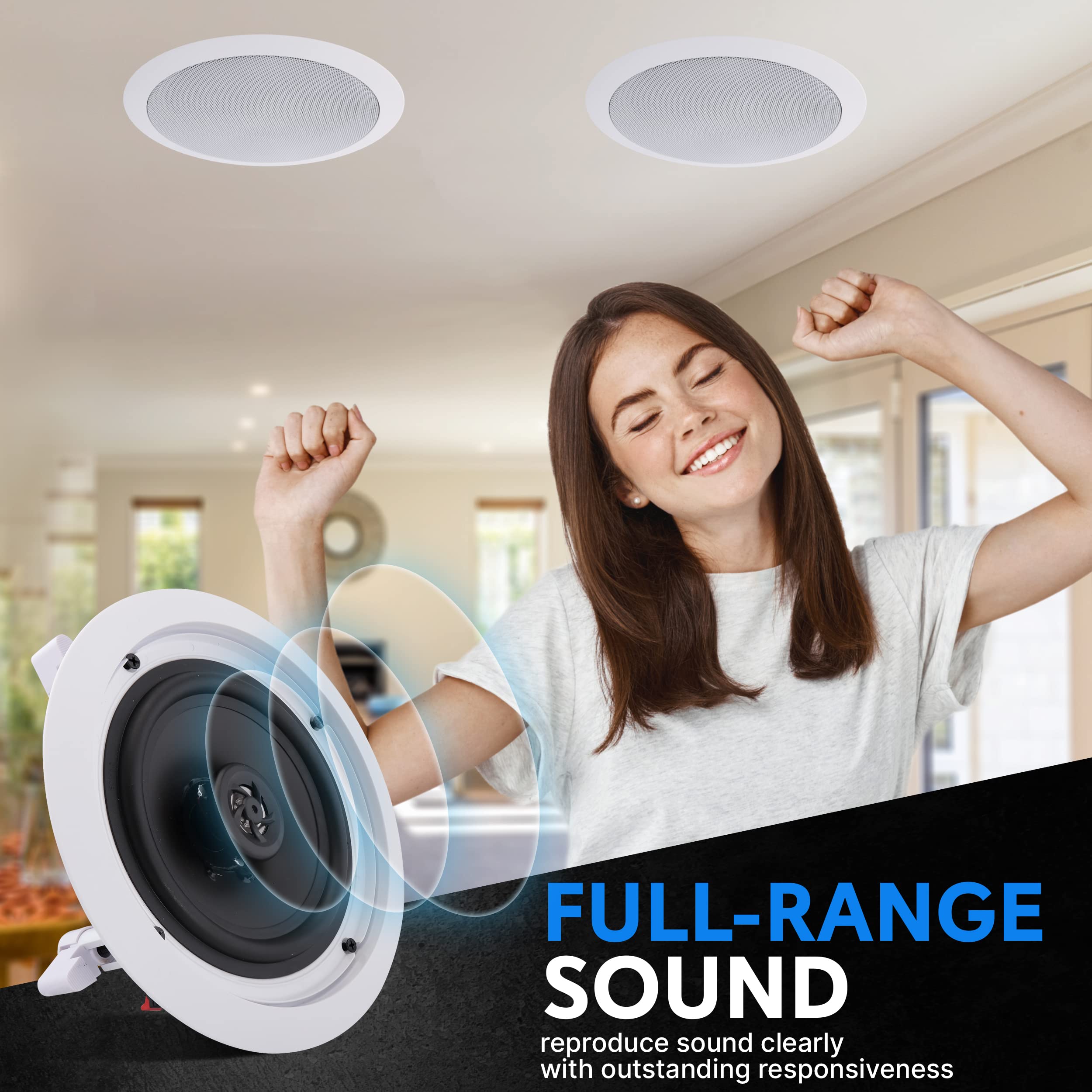 Pyle Pair 6.5” Flush Mount In-wall In-ceiling 2-Way Home Speaker System Spring Loaded Quick Connections Dual Polypropylene Cone Polymer Tweeter Stereo Sound 200 Watts (PDIC1661RD) White