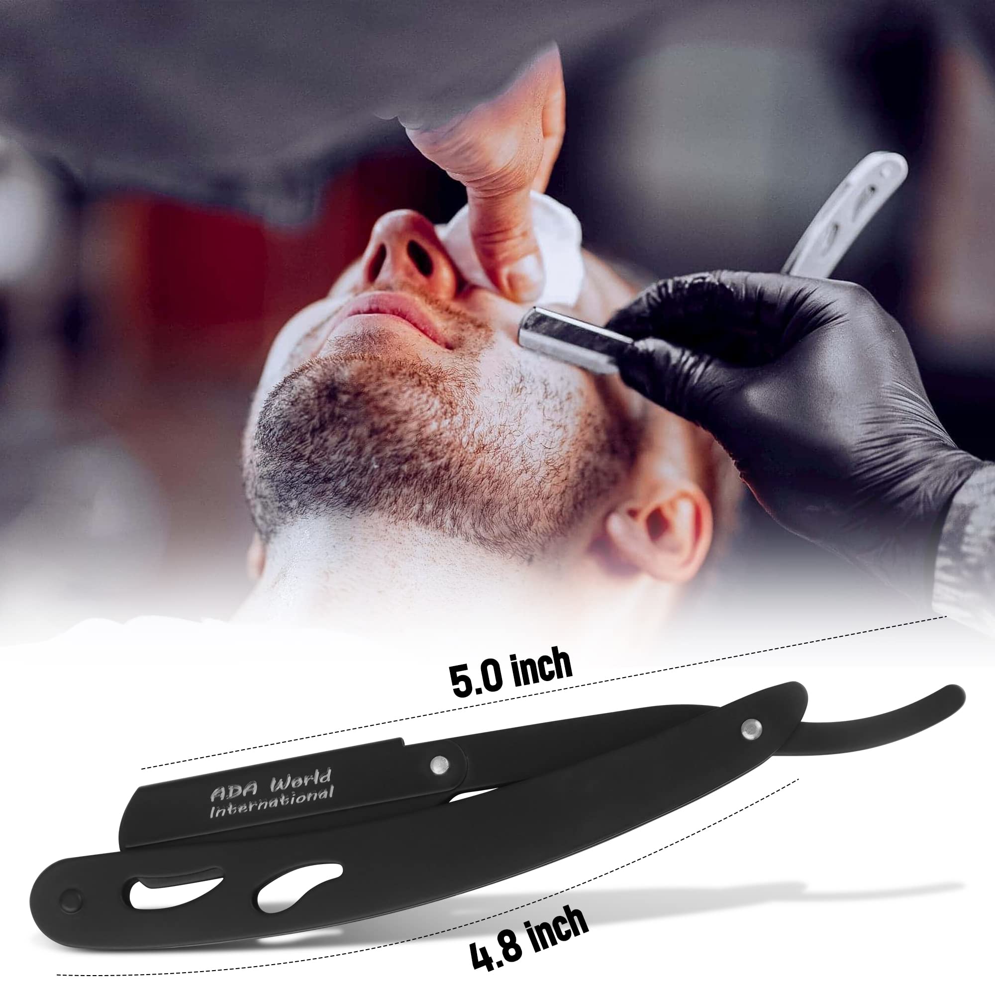 Professional Straight Edge Shaving Razor Barber Razors For Men + Single Blades 10 Pcs, Men's Manual Shaver Salon Quality Matte Black (Black)