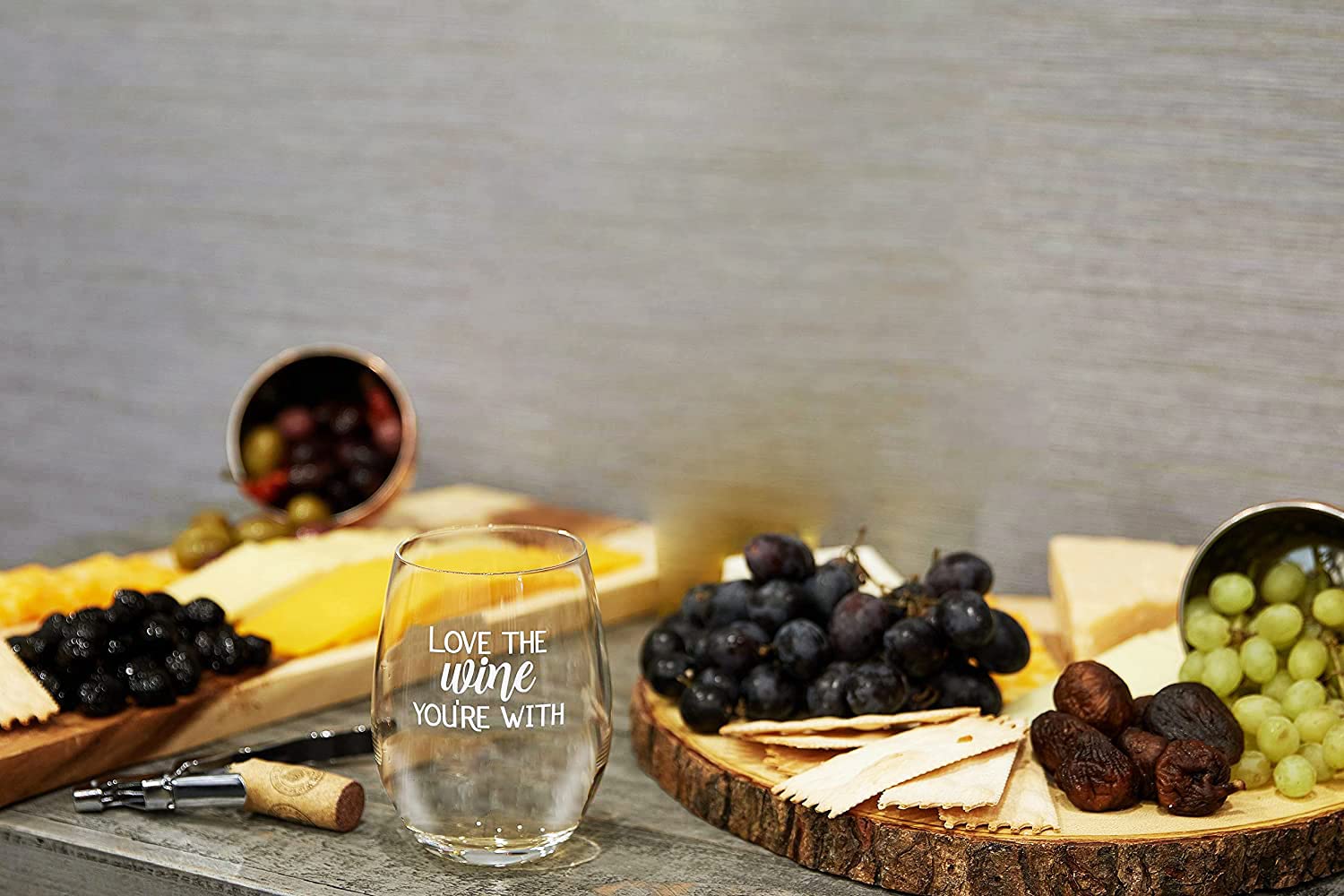 Lushy Wino β Love The Wine You're With β Cute, Novelty, Etched Stemless 16-Ounce Wine Glass with Funny Sayings in Gift Box