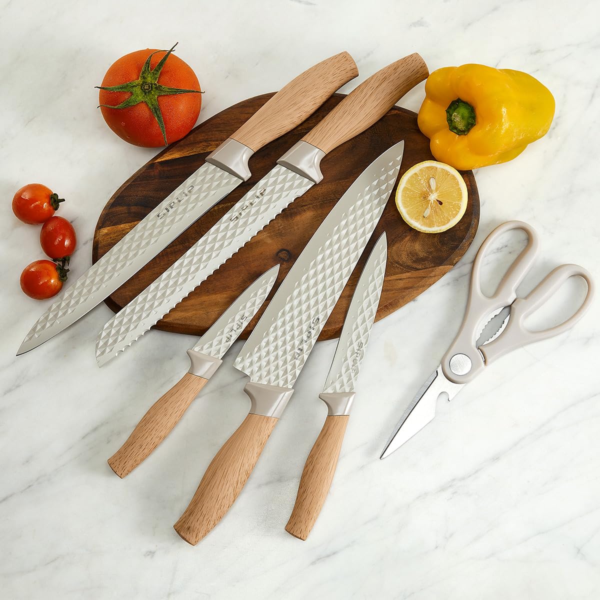 SipLip Professional Chef's Kitchen Knife Set 7 Pieces w/Knife Holder, Ultra Sharp Knife Set w/Chef's Knife, Bread Knife, Fruit Knife, Scissors, and more!