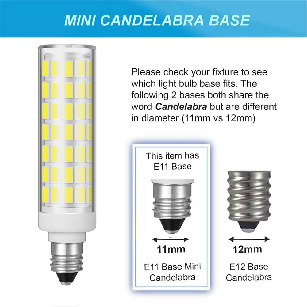 SSXBF E11 Led Bulb 8W 80W Halogen Replacement Dimmable,T3 T4 Mini Candelabra Base,Daylight White 6000K,100-130V for Ceiling Fans, Chandeliers, Cabinet Lighting, Pack of 2