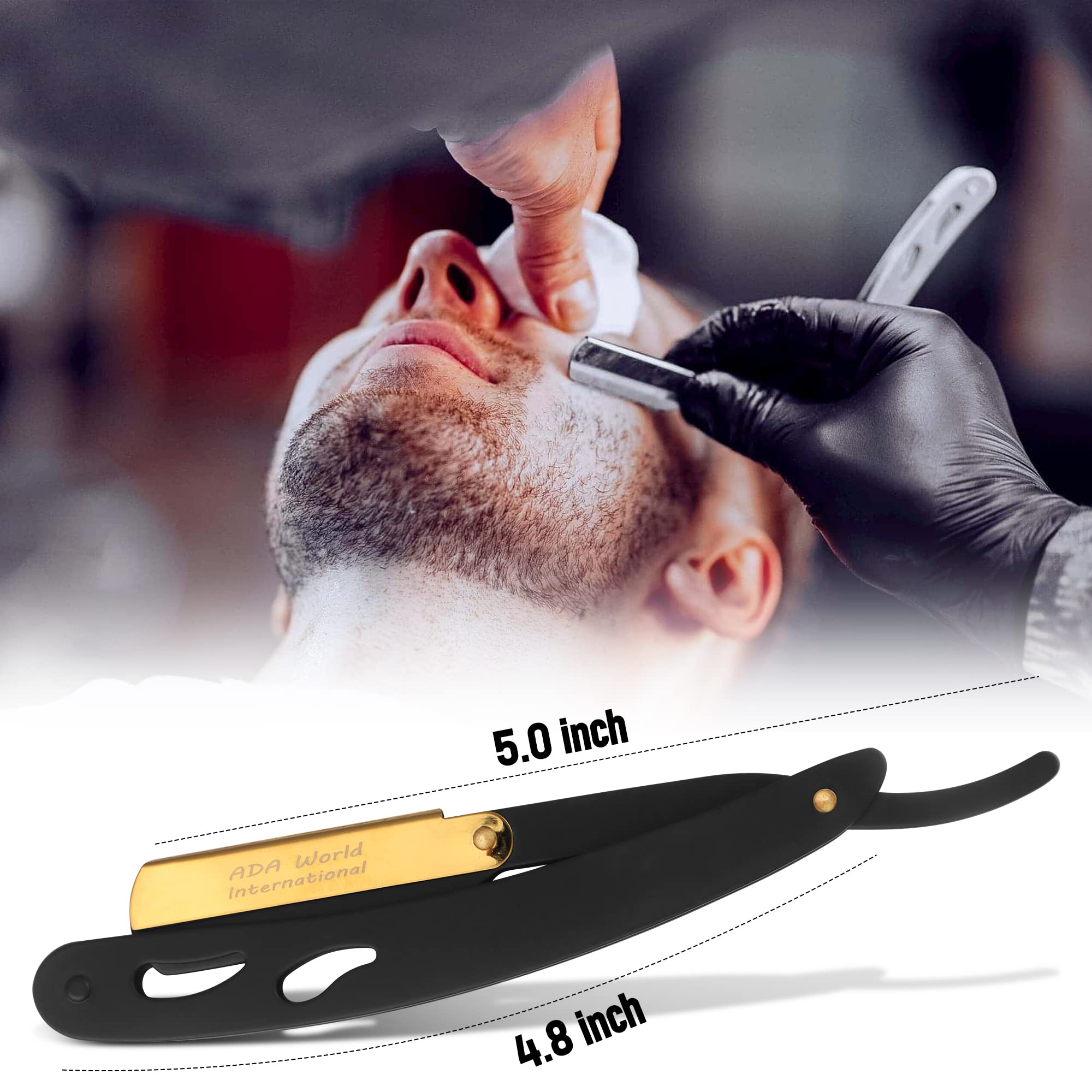 Professional Straight Edge Shaving Razor Barber Razors For Men + Single Blades 10 Pcs, Men's Manual Shaver Salon Quality Matte Black (Mat-Gold)