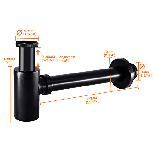 Matte Black Brass Bottle P Waste Trap Decorative Adjustable Height 1 1/4″Drain Pipe Tube Kit for Bathroom Vessel Sink Lavatory with Overflow (HM2020)