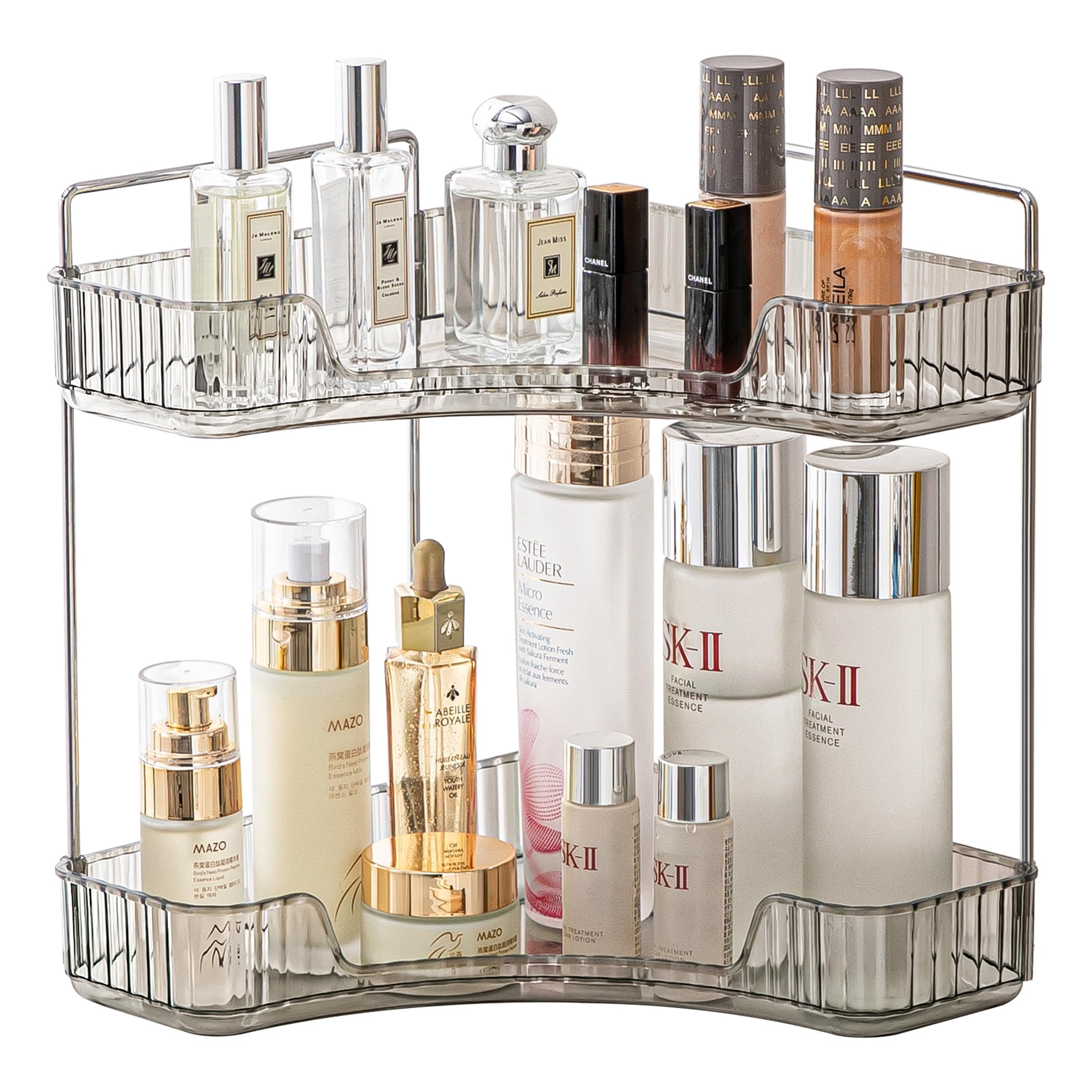 YCIA&DONE Corner Counter Bathroom Organizer Countertop, 2 Tiers Cosmetic Perfume Tray, Vanity Organizer for Makeup, Skincare, Clear Corner Rack Bathroom Organizers and Storage(Smoky Gray)