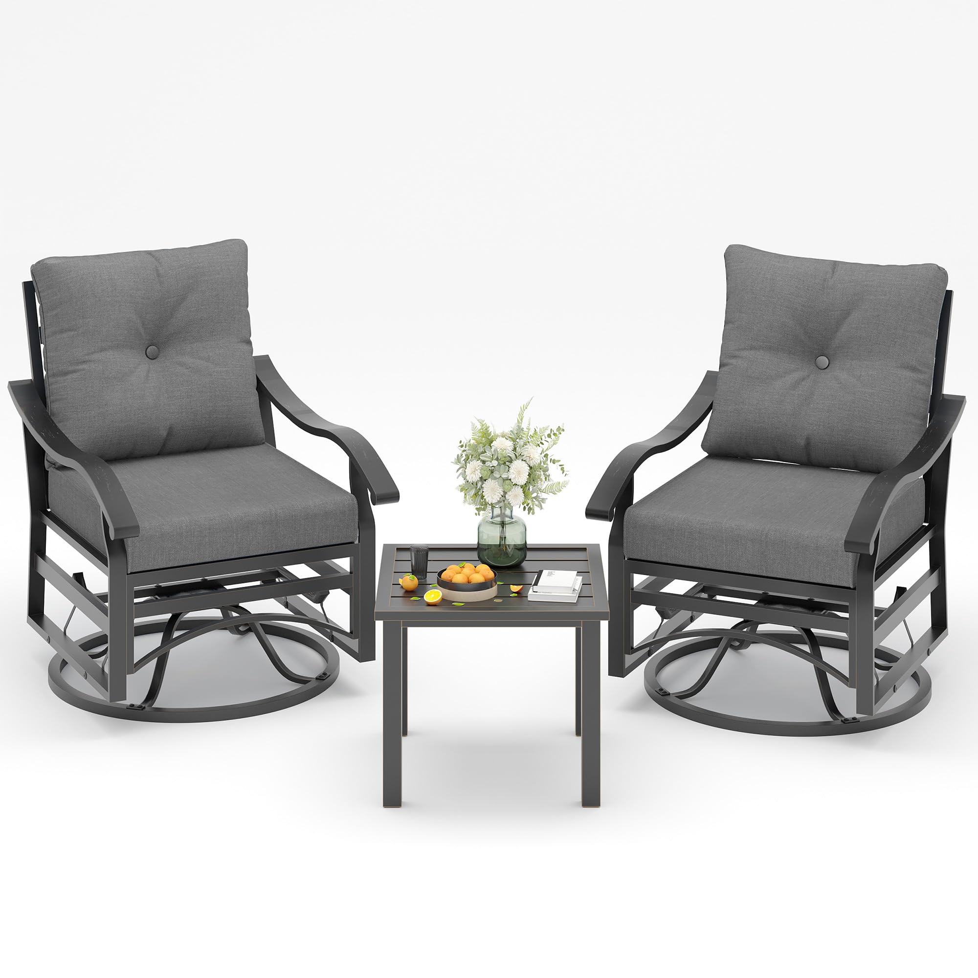 VONZOY 3 Piece Outdoor Swivel Chair, Patio Furniture Metal Rocker Bistro Set with Rocking Chair, Thick Cushions and Table for Porch Garden Balcony(Grey)