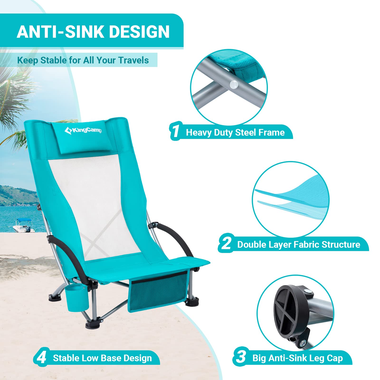 KingCamp High Back Low Seat Folding Beach Chair, Lightweight Backpack Beach Chairs for Adults with Padded Armrest & Cup Holder, Mesh Back Sand Chairs for Beach,Camping,BBQ,Outdoor Travel, Easy Carry