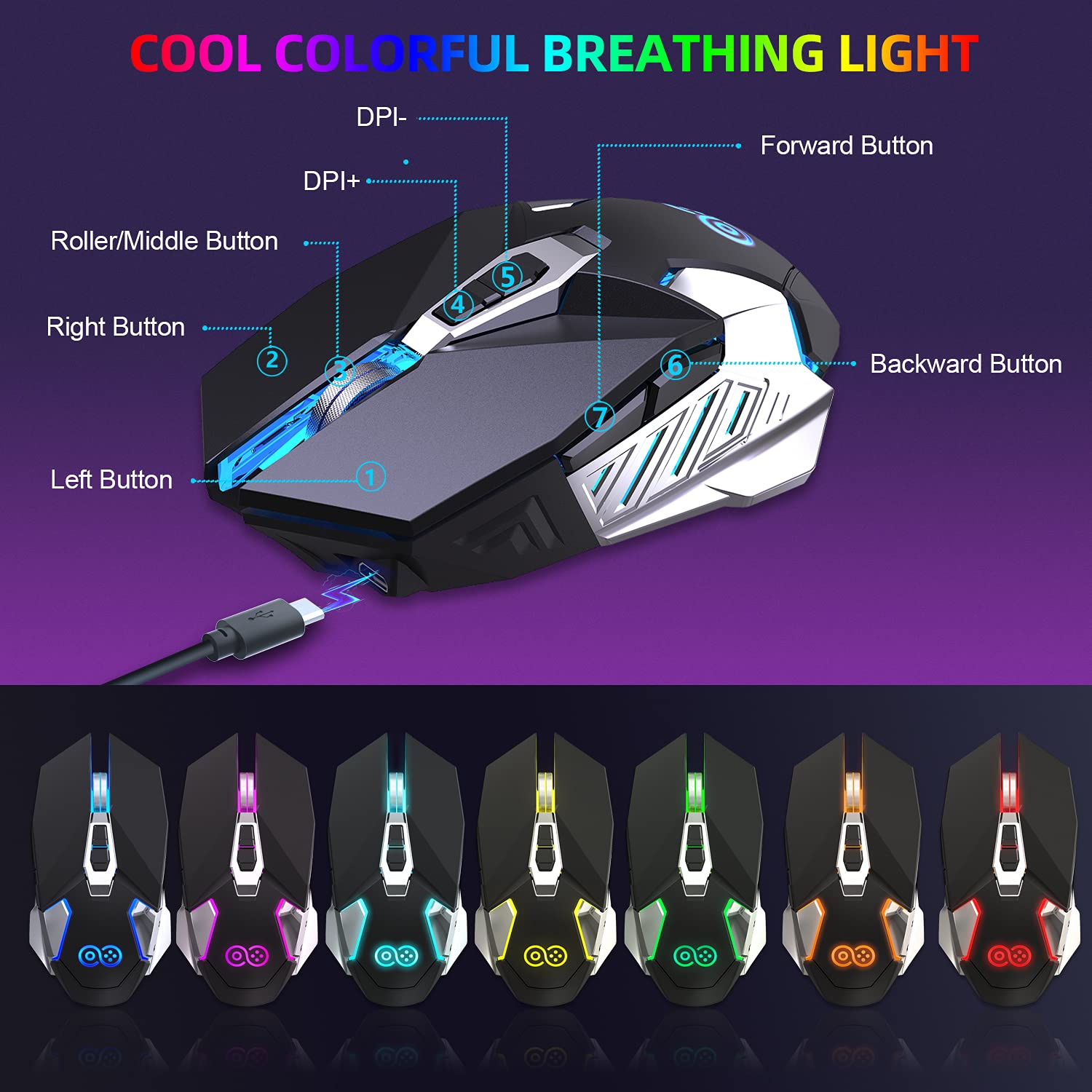 HETOETF Wireless Gaming Keyboard and Mouse Combo with Rainbow LED Backlit Rechargeable 4000mAh Battery Mechanical Ergonomic Waterproof Dustproof 7 Color Mice for Computer PC Mac Gamer (Black)