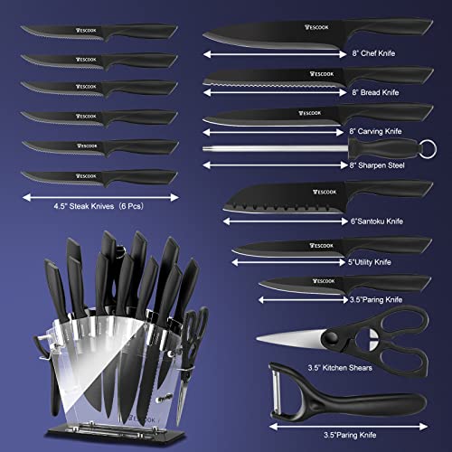 Knife Set, 16pcs Kitchen Knife Set High Carbon Stainless Steel, Chef Knife, 6 Serrated Steak Knives, Scissors, Peeler & Knife Sharpener with Acrylic Stand, Easy-Grip Handle, Rust-proof