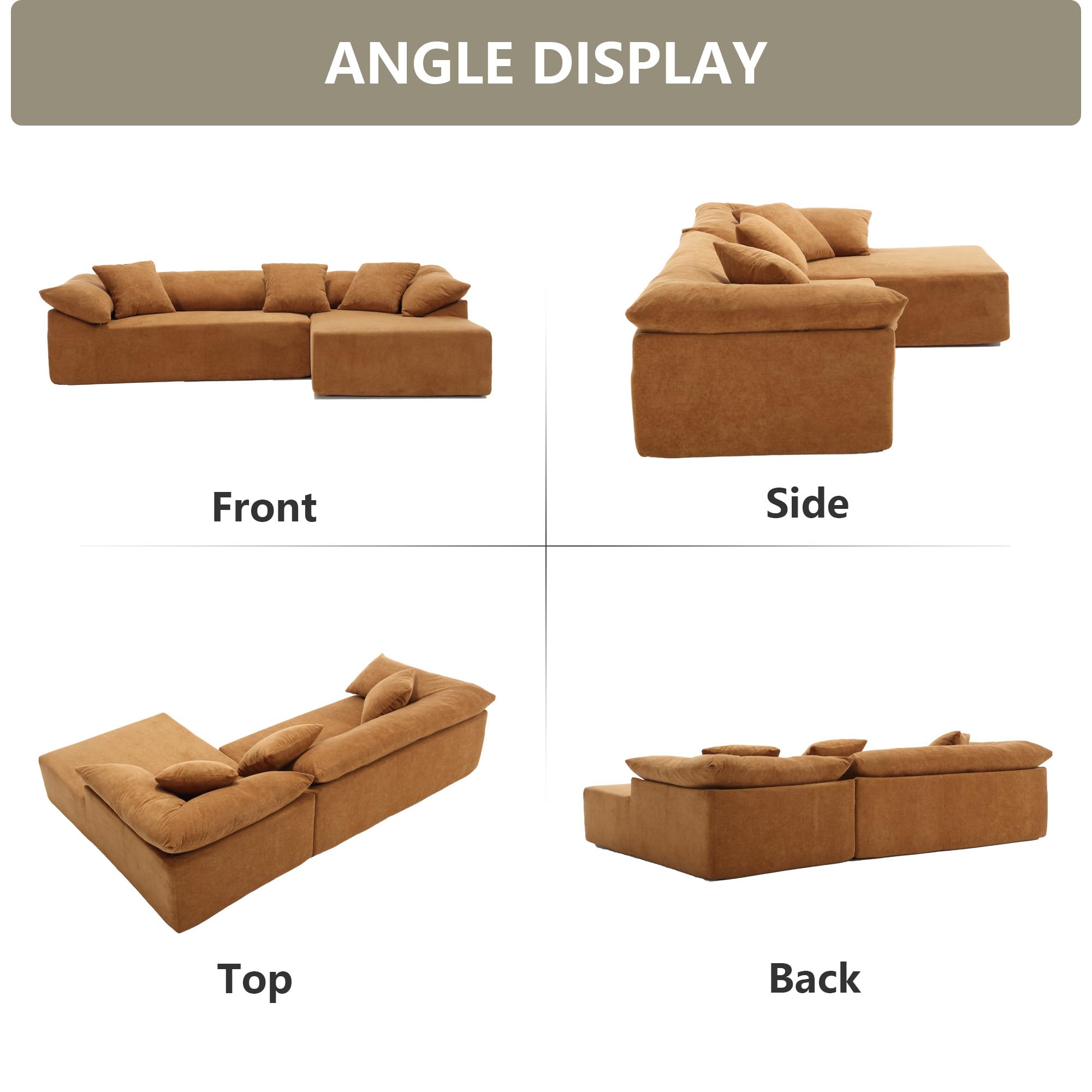 Tmsan Deep Seat L Shaped Sectional Sofa, 105.9" 2 Piece Modular Cloud Couch, Modern Comfy Floor Sofa with Left Chaise & 3 Pillows for Living Room Apartment Office, Terrycloth Fabric (Brown)
