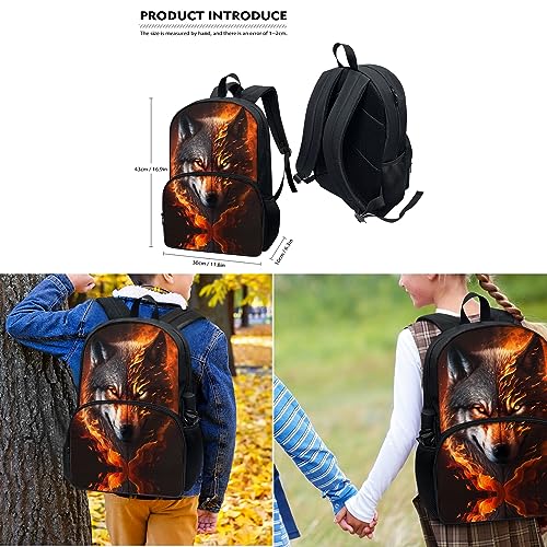 ZOCANIA Wolf Backpack for Boys Girls Fire Backpack 7Pcs Kids Back To School Backpack Sets with Lunch Box Pencil Case Water Bottle Bag Book Cover Key Chain Wrist Lanyard Book Bag