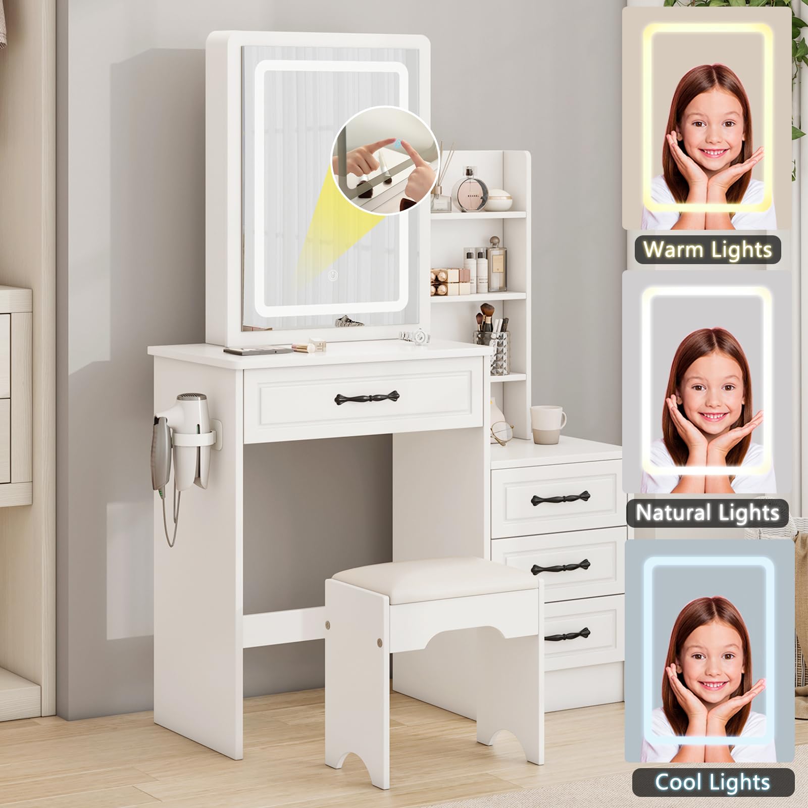 VanAcc Makeup Vanity Desk with Lights & Sliding Mirror for Teenagers, 35" Wide Vanity Table with 4 Drawers and Shelves, Small Vanity Dressing Table, LED Lights Vanity Set, Stool Included, White