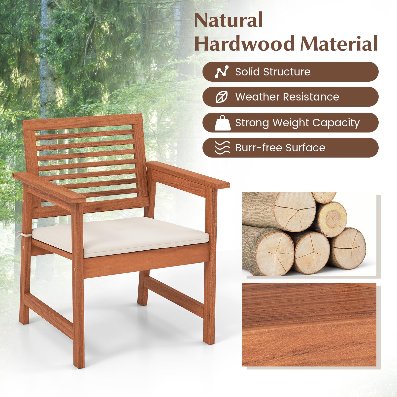 Tangkula Outdoor Dining Chairs Set of 2, Weather-Resistant Heavy Duty Slatted Wood Patio Chairs with Soft Padded Cushions, for Deck, Garden, Poolside, Balcony (2, Off White)