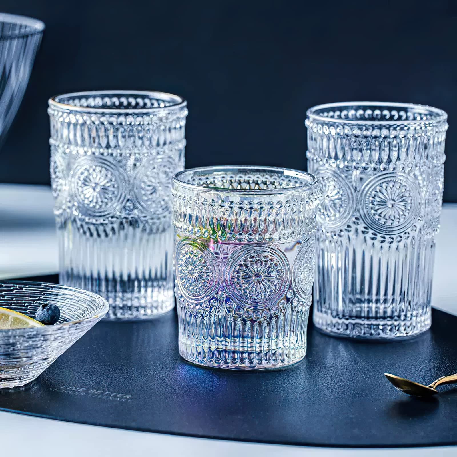 Kingrol 6 Pack 9 oz Romantic Water Glasses, Iridescent Drinking Glasses Tumblers, Vintage Glassware Set for Juice, Beverages, Beer, Cocktail