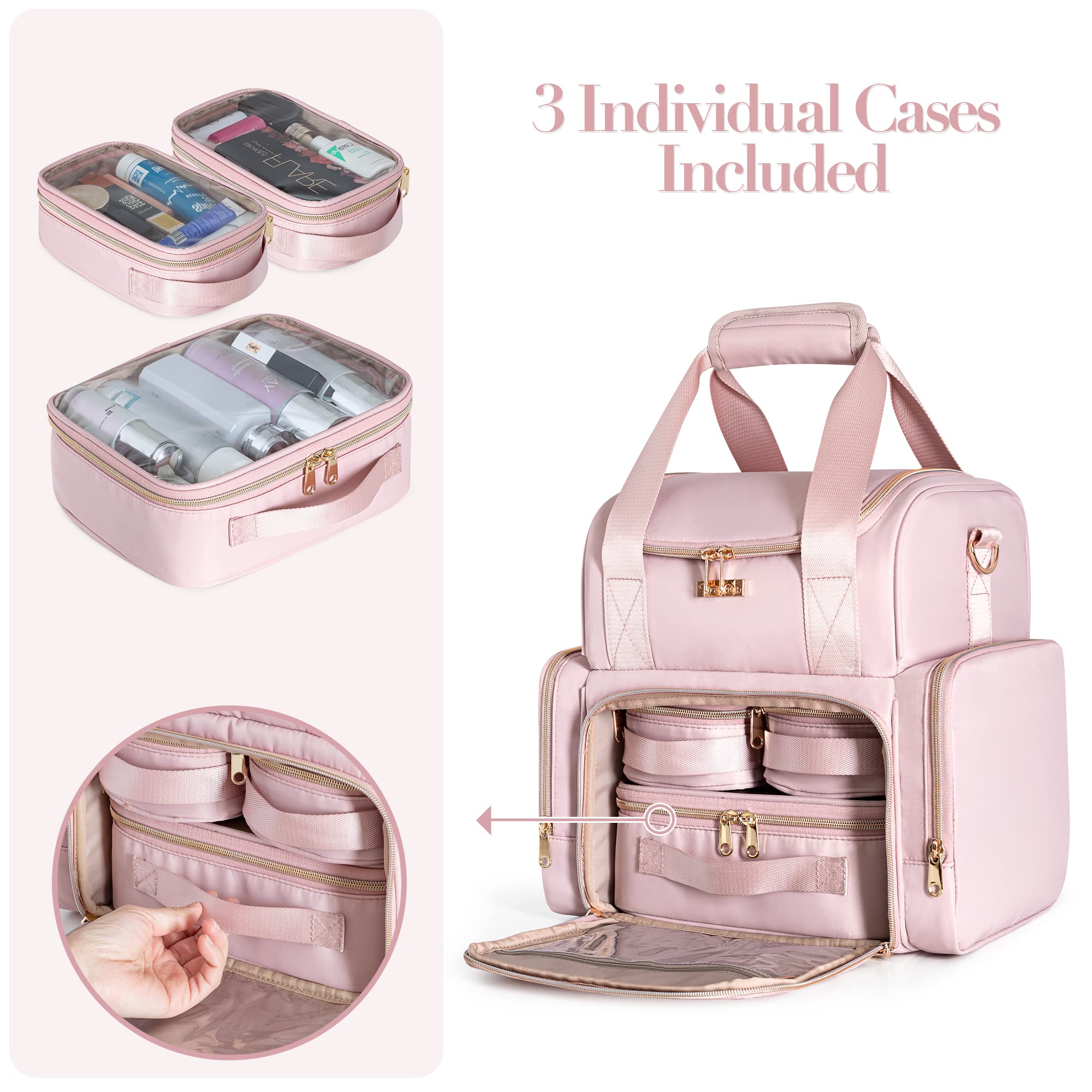 Prokva Large Makeup Cosmetic Bag with 3 Removable Case, Double Layer Travel Makeup Organizer Case with Inner Dividers and Makeup Brushes Storage Section, Pink (Patented Design)