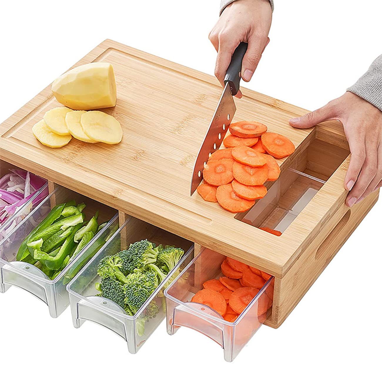 OLOZIQ Bamboo Cutting Board with Trays and Lids Storage Containers ā Multifunction Easy Chopping Meal Prep Station with Juice Grooves ā 4 Multi-Functional Graters Included with Food Sliding Opening