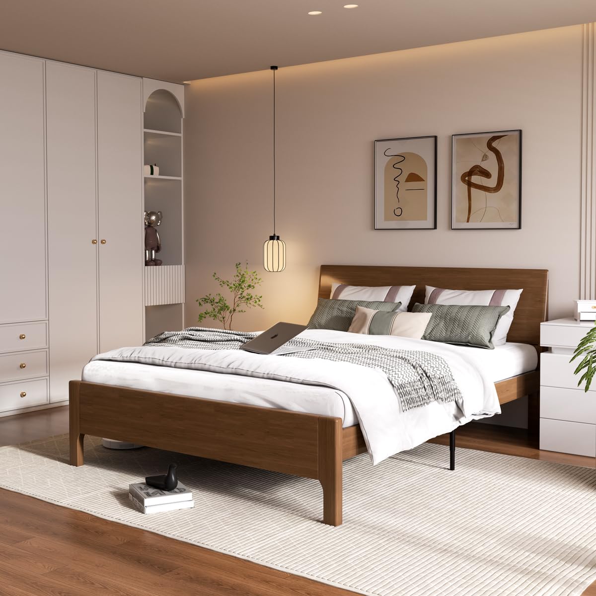 VOVUVK Queen Solid Wood Bed Frame with Headboard, Mid Century Modern Wooden Platform Bed, Wooden Bed Slats, No Box Spring Needed, Noise Free Easy Assembly (Walnut)