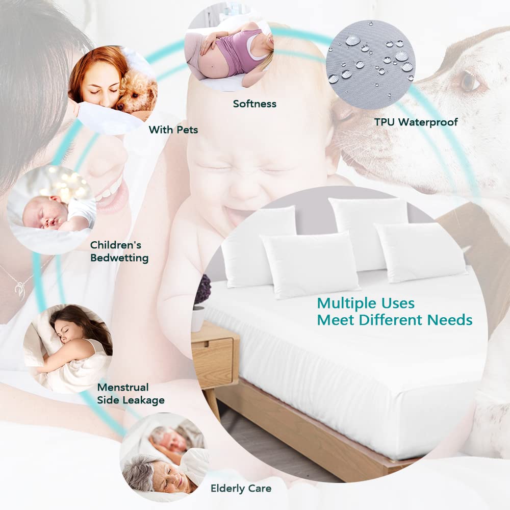 Nicesure Crib Fitted Sheets Waterproof Mattress Protector 12'' Deep Bottom Sheets Mattress Pad Cover Noiseless Soft Breathable Washable Mattress Topper for Kids Pets Adults, 28'' x 52'', White