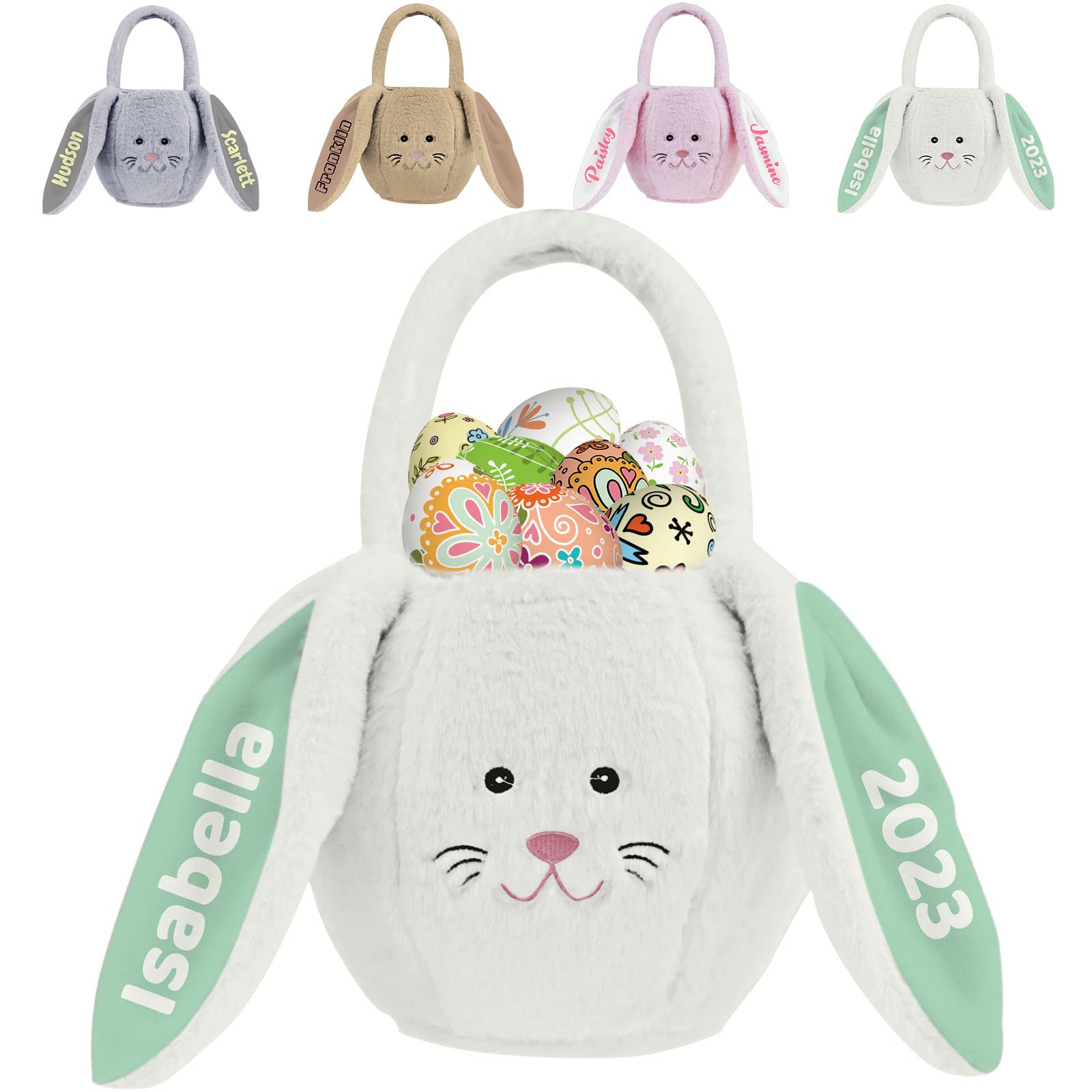 Personalized Easter Basket with Name Custom Plush Easter Buny Baskets Long Ear Bags for Boys Girls Kids Eggs Candy Gifts