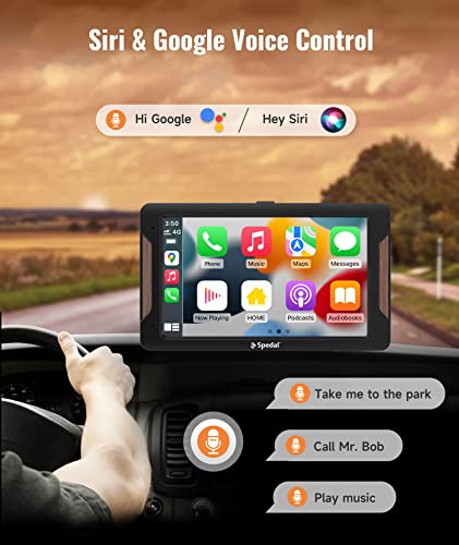 Spedal 7 Inch Wireless Apple CarPlay and Android Auto, Portable Car Stereo with Mirror Link, Multimedia Player, Bluetooth, AUX/FM, Google and Siri Assistant, Dash or Windshield Mounted