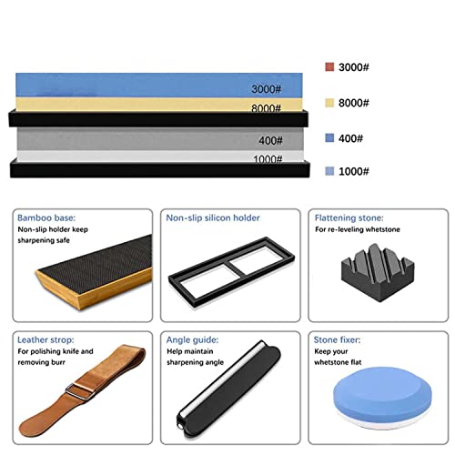 Sharpening Stone Set for Knife Wet Stone Sharpening Kit, Water Stone for Sharpening Knives 4 Side Grit Whetstone 400/1000 3000/8000 Kitchen Knives Sharpeners-Non-Slip Bamboo Base,Gloves,Honing Guide