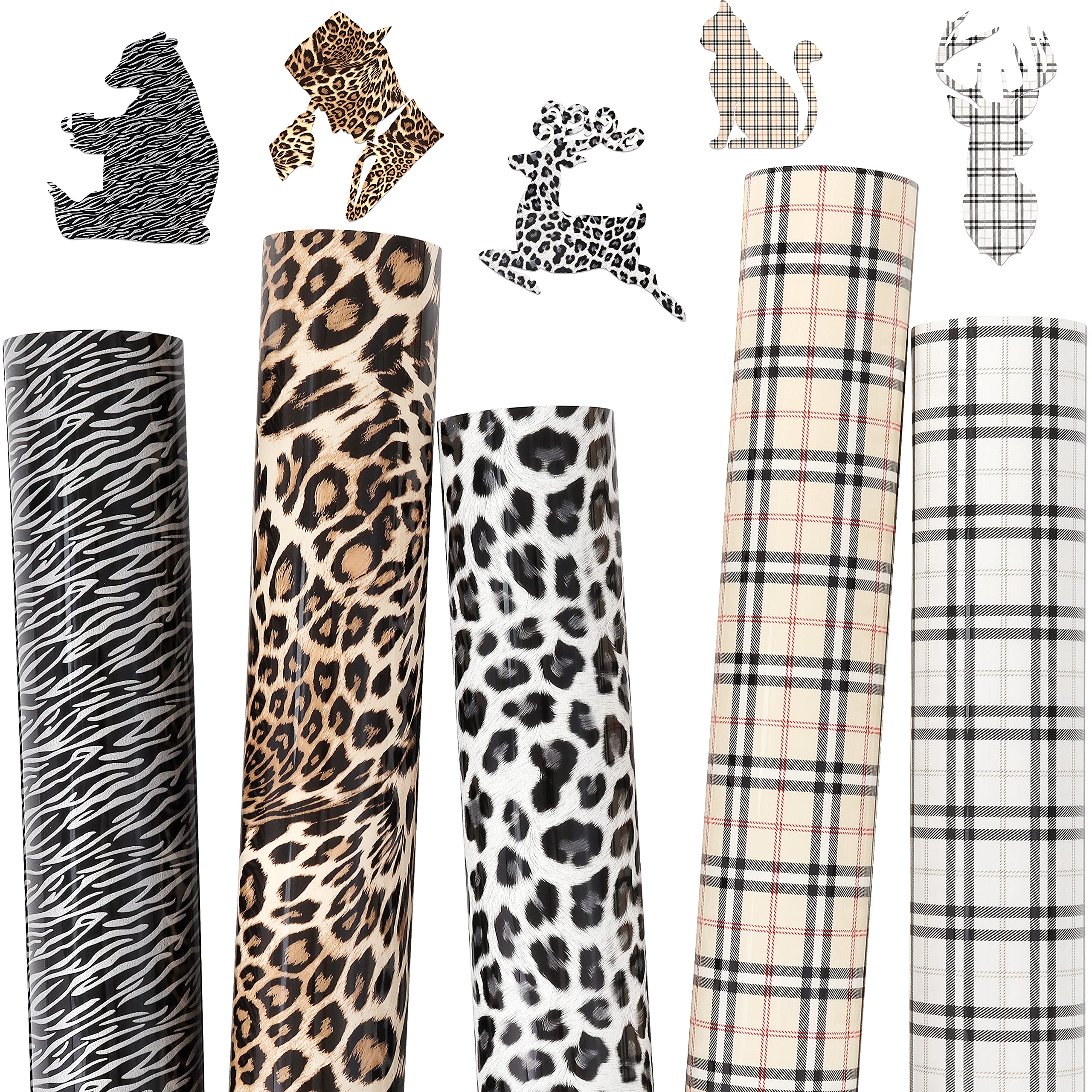 KINGSOW Pattern Heat Transfer Vinyl : 5 Pack 12x10 Inch Cheetah HTV Leopard Animal Print Buffalo Plaid Iron on Vinyl Bundle Sheets T-Shirts Craft Design for Cricut Silhouette Cutter Machine