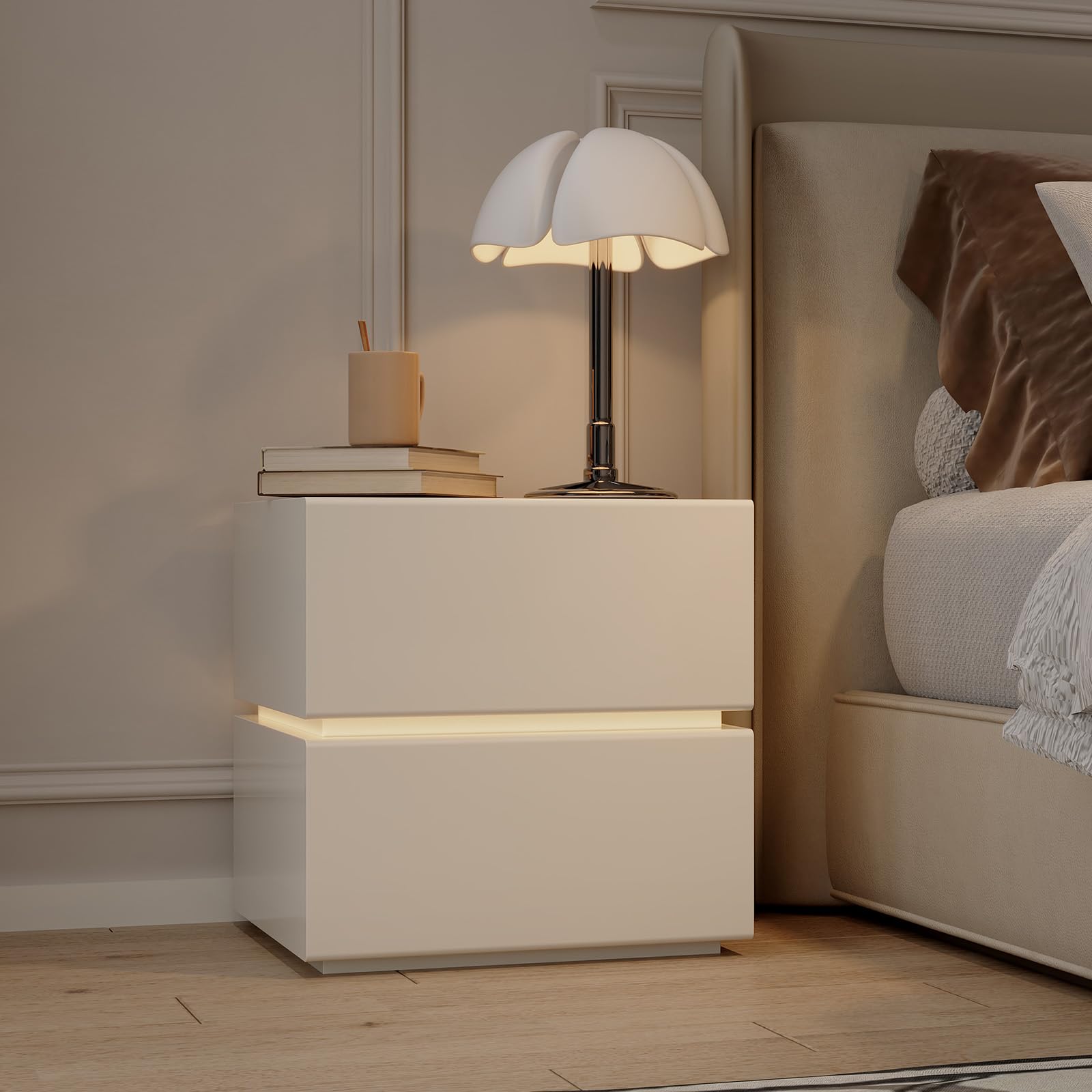 Solarka Nightstand with Lights, Small LED Nightstand Modern Bedside Table with 2 Drawers, Side Table with Leather Surface, No Assembly (Black/White)