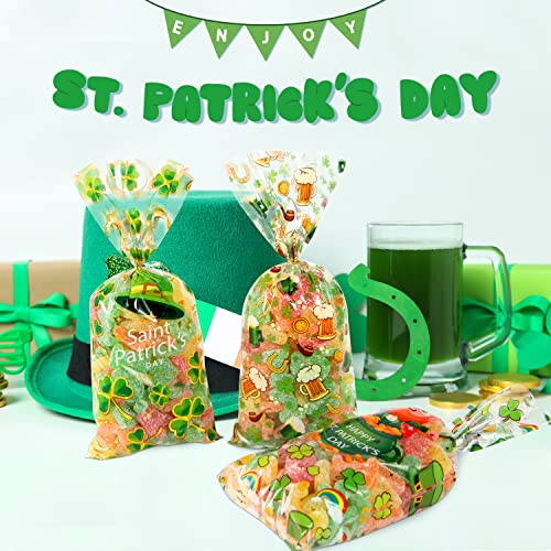 SPERPAND 120Pcs St. Patrick's Day Cellophane Gift Bags, Clear Clover Candy Goodie Bags for Saint Patrick's Day Party Favors