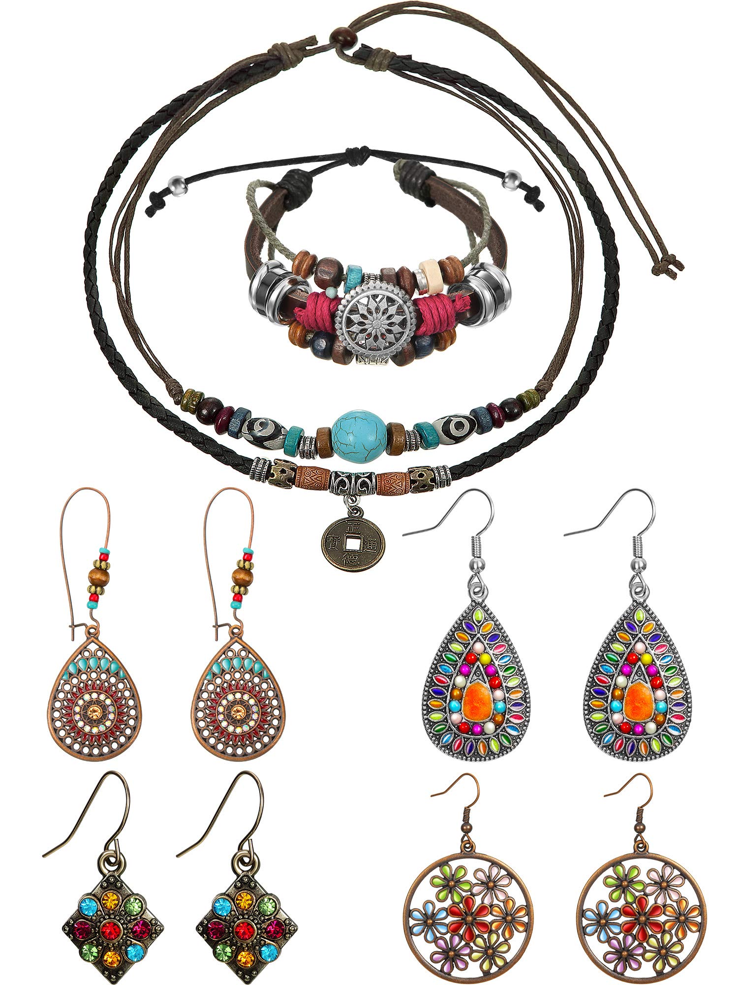 Hicarer Leather Necklace Bead Choker Adjustable Vintage Turquoise Necklace Handmade Woven Beaded Bracelet with 4 Pairs Bohemian Vintage Dangle Earrings Jewelry for Women
