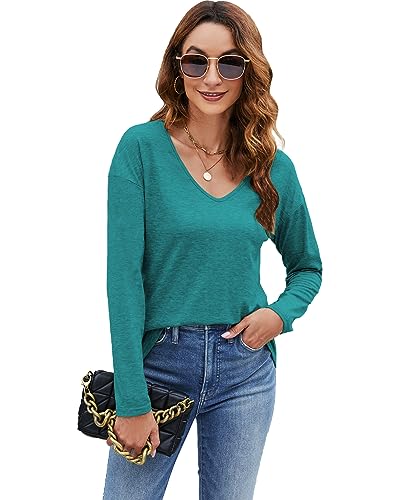 Sherosa Womens V Neck T Shirts Long Sleeve Cotton Cute Soft V Neck Tee Blue Green L