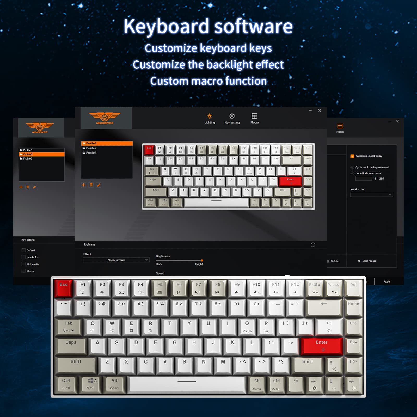 Newmen GM840 75% Gaming Keyboard,Wired/Bluetooth/2.4G Hot swappable Anti-Ghosting 84 Keys Mechanical Gaming Keyboard with RGB Backlit,for Windows Mac and Android (Blue)