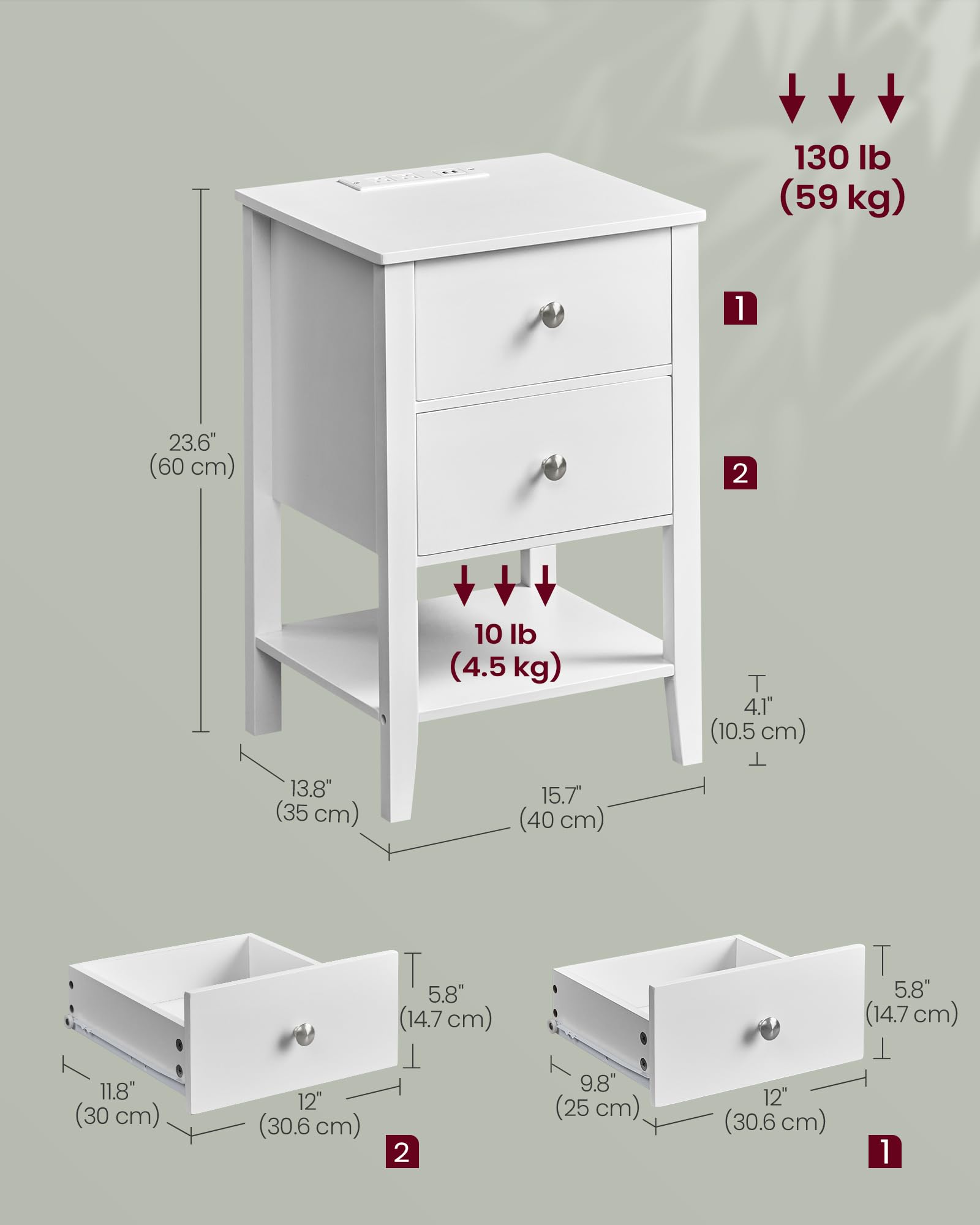 VASAGLE Bamboo Nightstand with Charging Station, Side End Table with 2 Drawers, Open Storage Shelf, Bedside Table, 2 USB Ports, 2 AC Outlets, Modern, for Bedroom, Cloud White ULET623W01V1