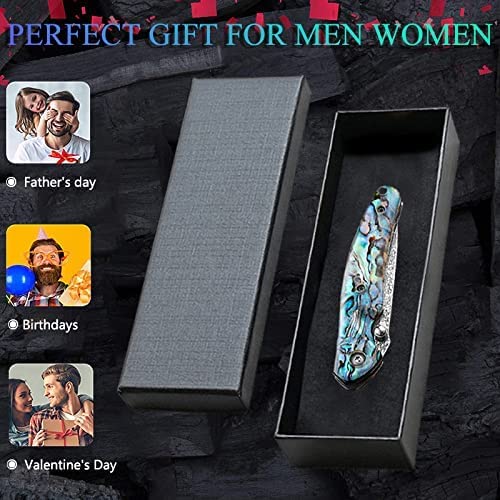 Omesio Damascus Pocket Knife Damascus Folding Knife Blue Abalone Handle Japanese Damascus Blade Pocket Knives Real Damascus Steel Folding Knife with Gift Box for Men/Dad/Father and Women