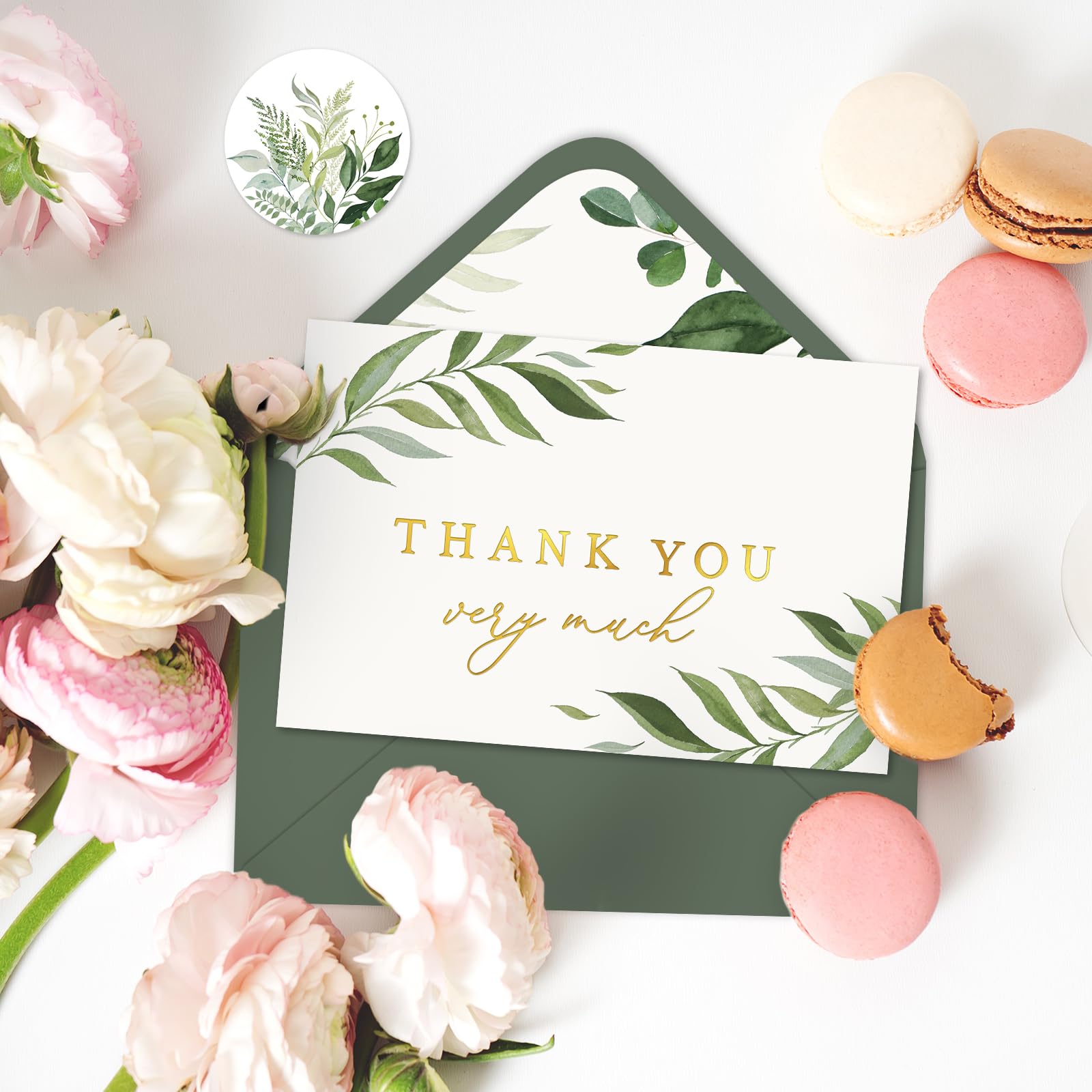 Whaline 24 Sets Greenery Thank You Cards Gold Foil Thank You Greeting Cards Watercolor Green Leaf Blank Note Cards with Envelopes Stickers for Bridal Baby Shower Wedding Birthday Party, 4 x 6 Inch