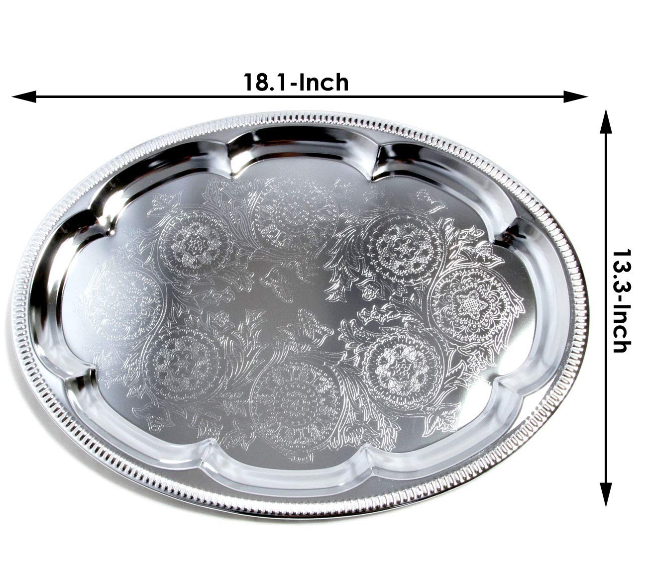 Maro Megastore (Pack of 4) 18.1 inch x 13.3 inch Traditional Oval Floral Pattern Engraved Catering Chrome Plated Serving Plate Mirror Tray Platter Metal Tableware Holiday Party Large T225-4PK