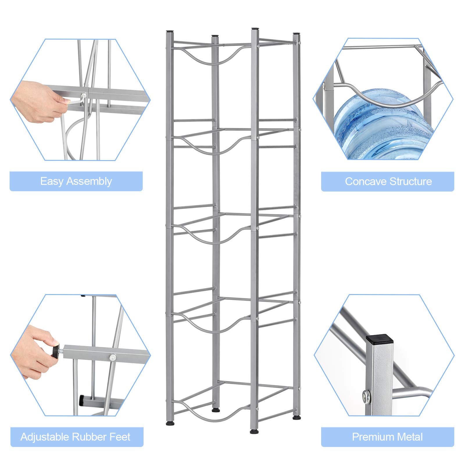 OYEAL Water Jug Stand 5 Tier Water Bottle Storage Organizer Detachable Heavy-Duty Water Rack for 5 Gallon Jug Dispenser Stand, Easy Assembly