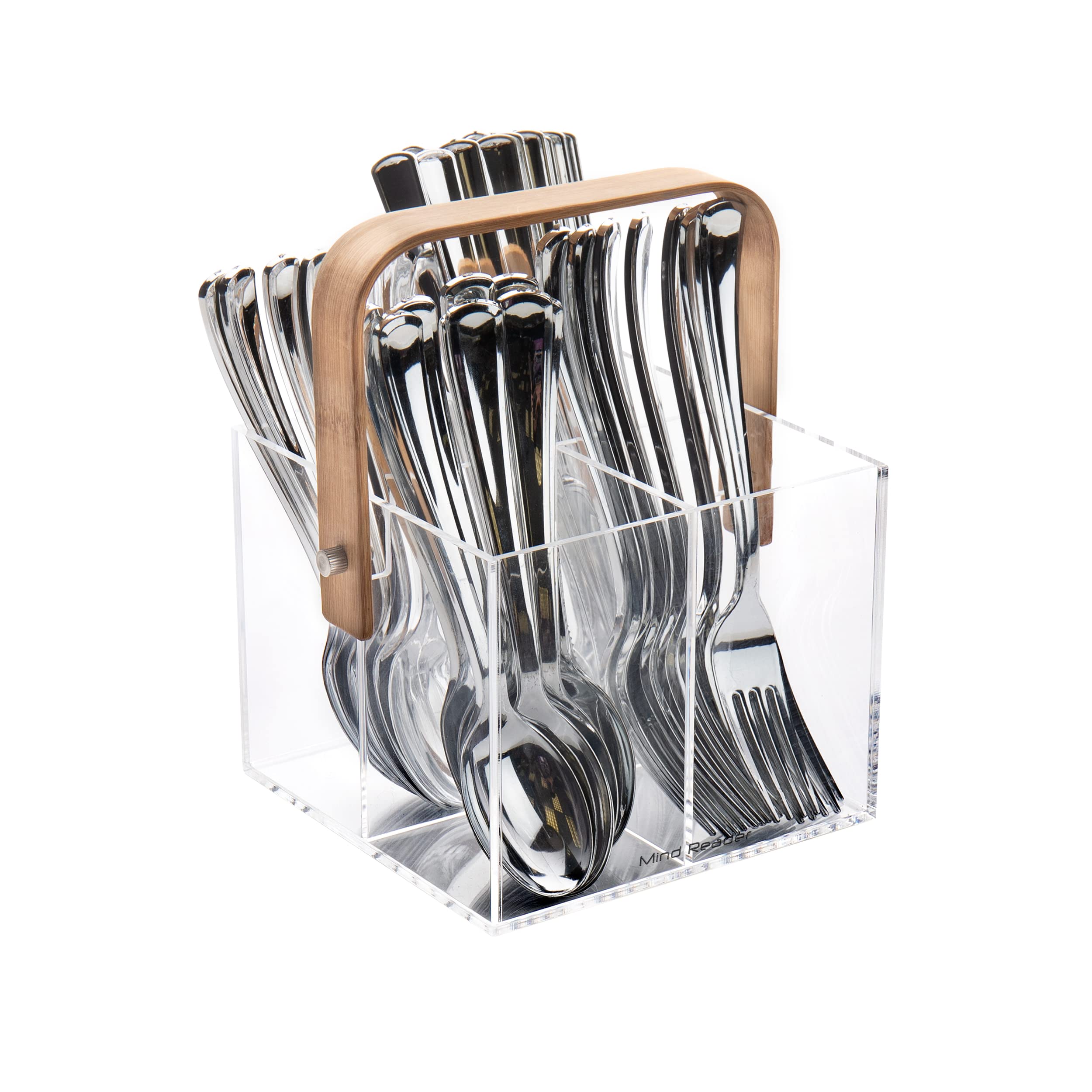 Mind Reader Utensil Holder, Silverware Organizer, Cutlery, Caddy, Rayon from Bamboo and Acrylic, 5.5" L x 5.5" W x 7.5" H, Brown